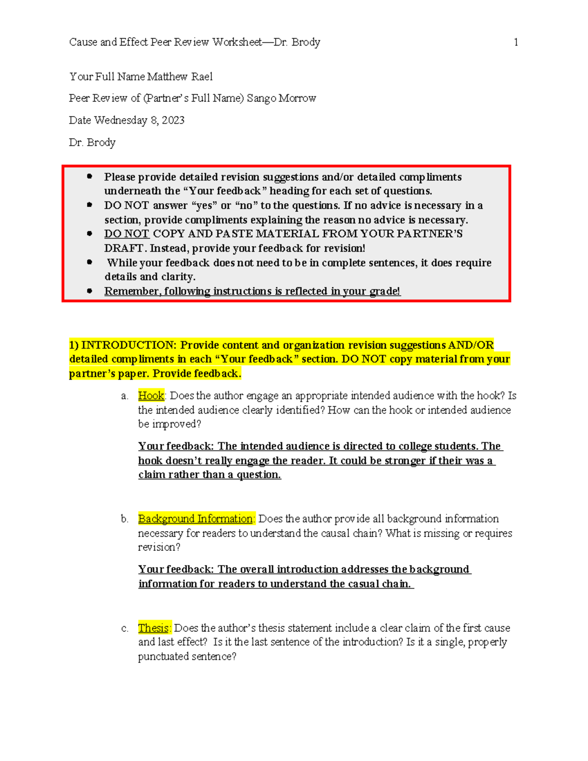 Cause and Effect Peer Review Worksheet-3 - Your Full Name Matthew Rael ...