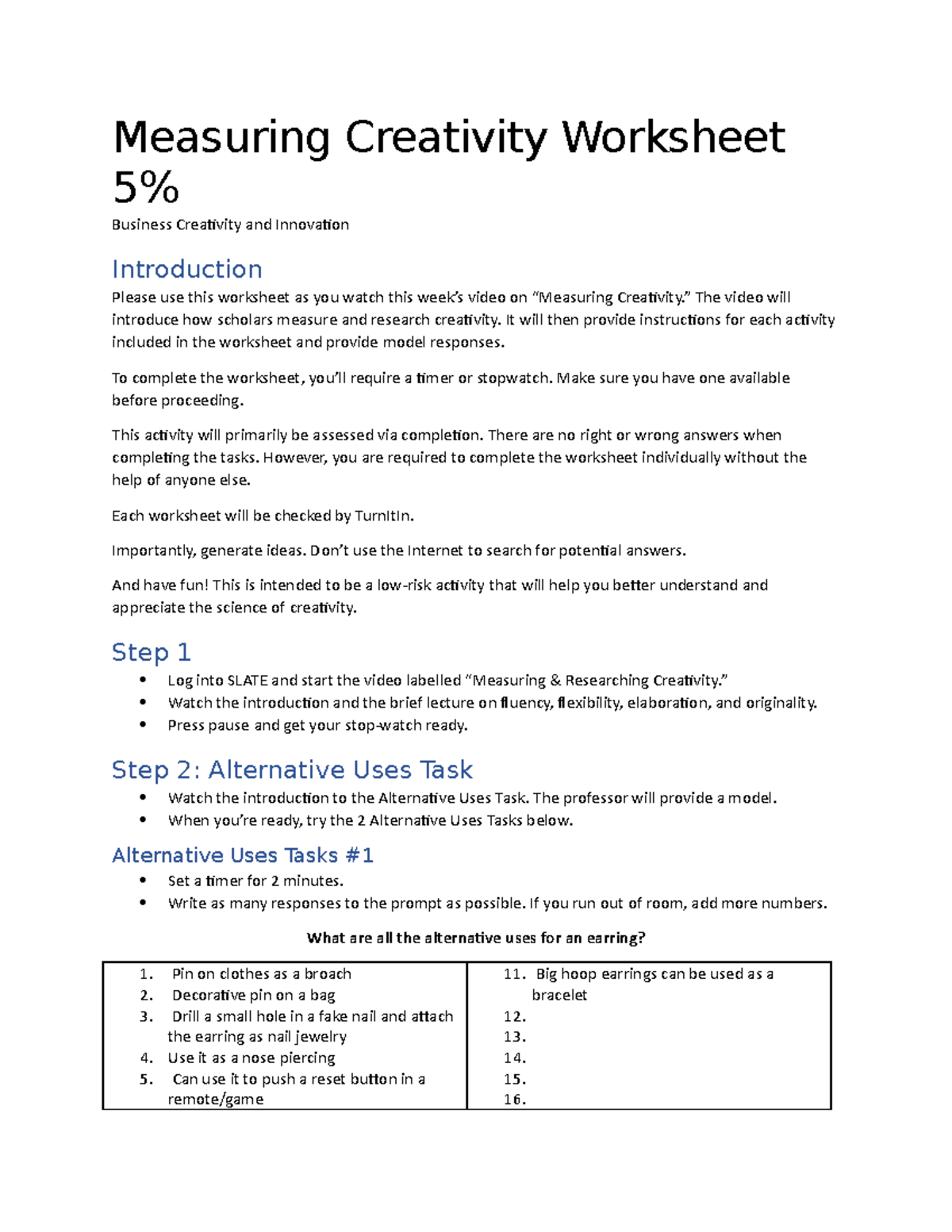 Measuring Creativity Worksheet 7 - Measuring Creativity Worksheet 5% ...