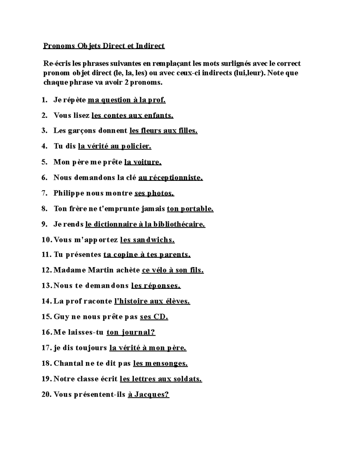 FSF2DB Extra Pratique POD POI - Pronoms Objets Direct et Indirect Re ...