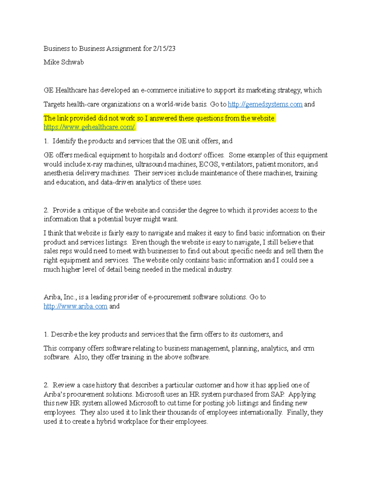 B2B 215 Work - Assignment from feb 15th - Business to Business ...