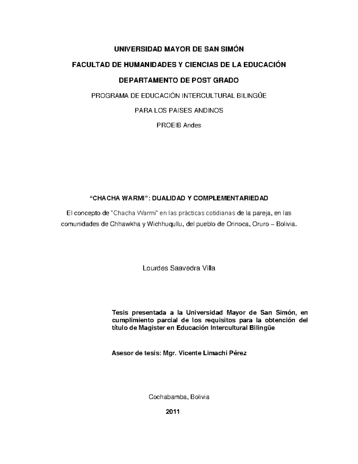 Chacha Warmi” Dualidad Y Complementariedad - UNIVERSIDAD MAYOR DE SAN ...