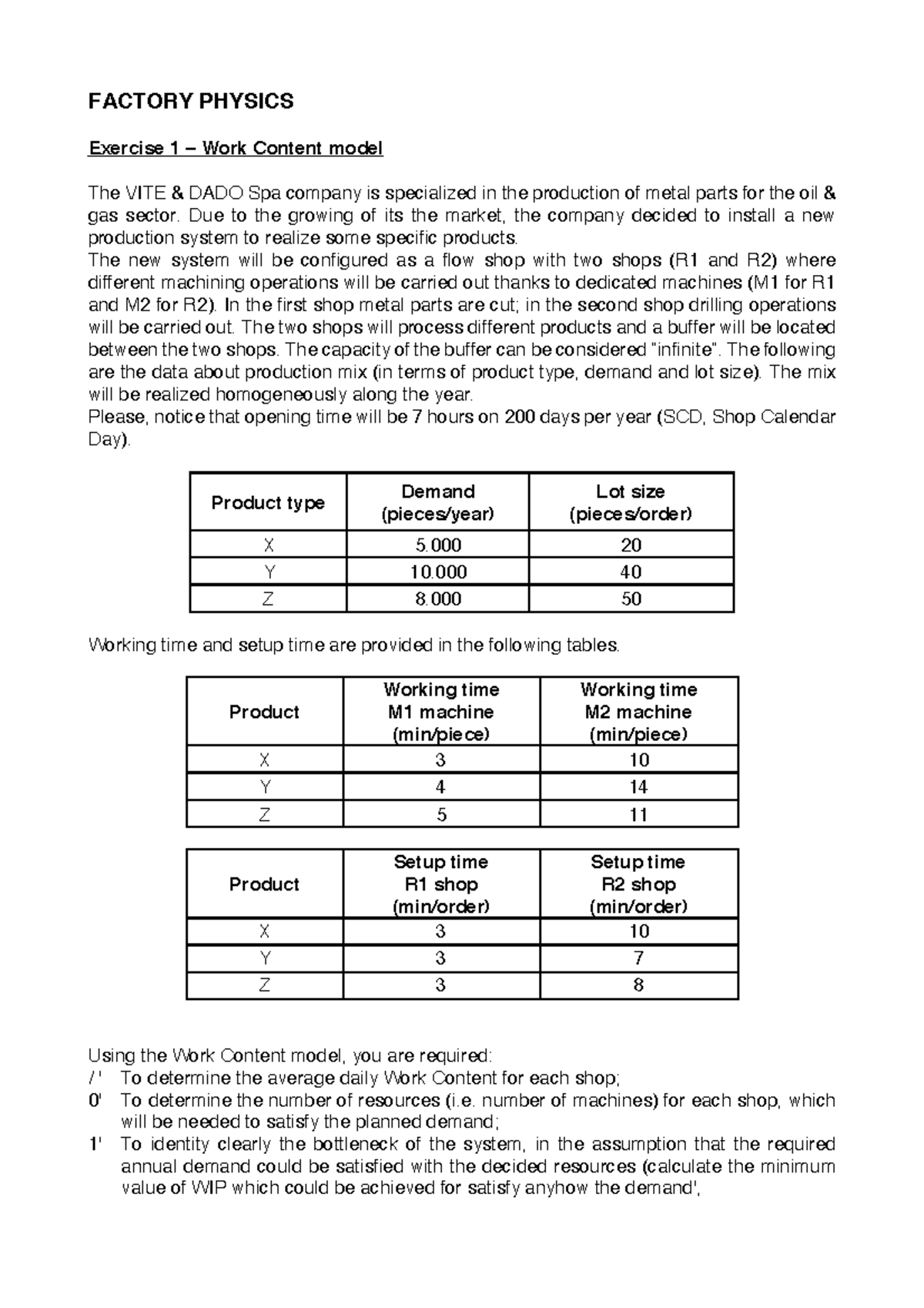 Factory Physics - Work Content exercises - FACTORY PHYSICS Exercise 1 ...