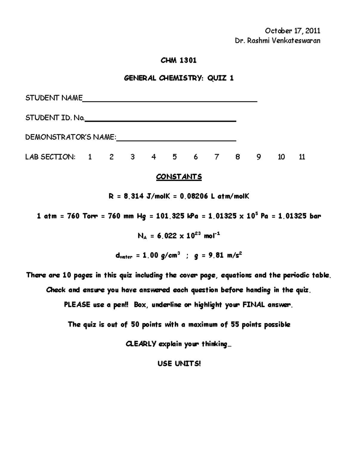 ChemistryQuizRashmi - October 17, 2011 Dr. Rashmi Venkateswaran CHM ...