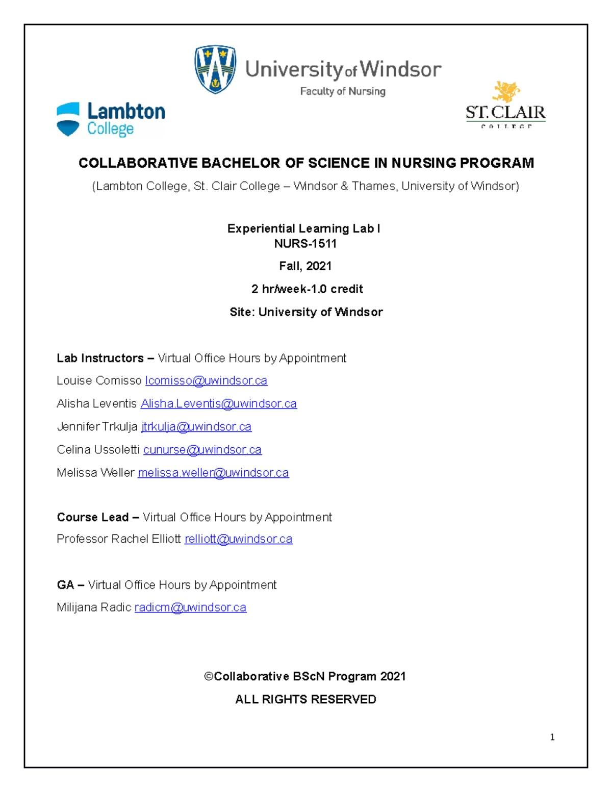 U of W Experiential Learning Lab I - Fall 2021 Course Outline- Final ...