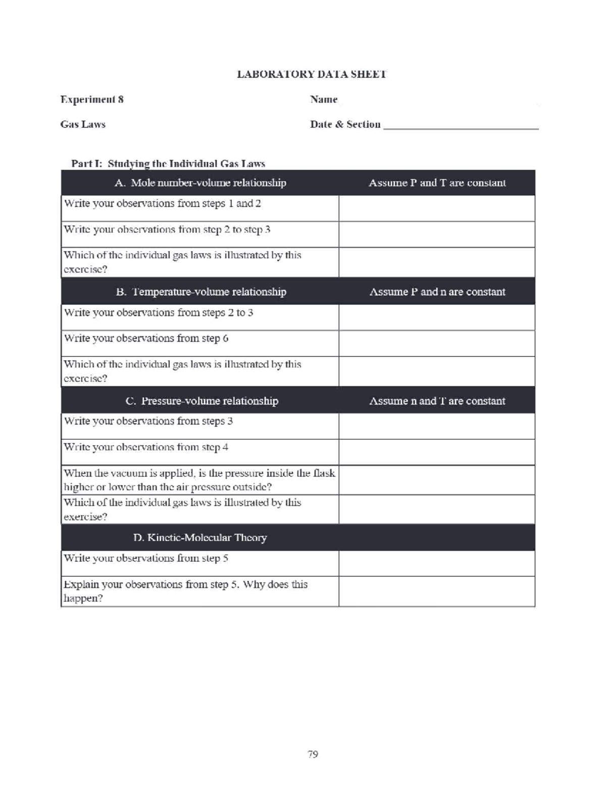Data Sheet #8 - LABORATORY DATA SHEET Experiment 8 Name Gas Laws Date ...