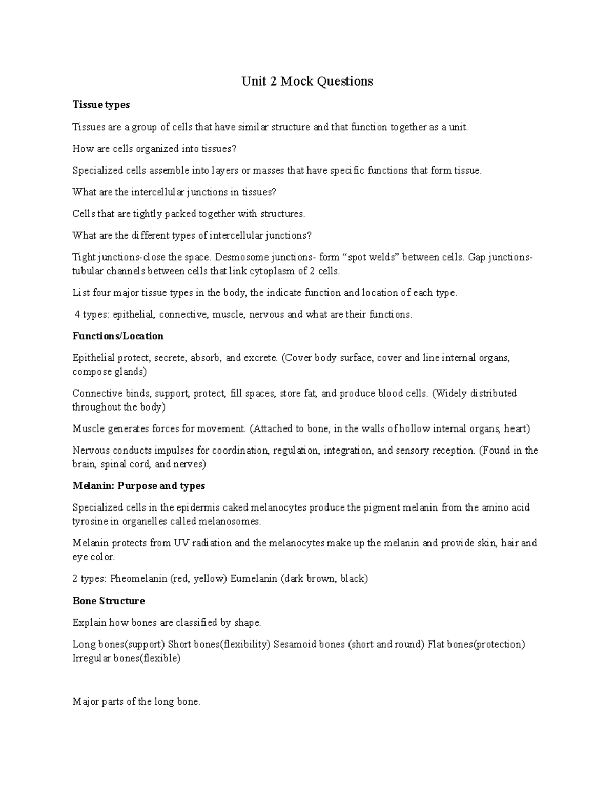 Unit 2 Mock Questions - Unit 2 Mock Questions Tissue types Tissues are ...