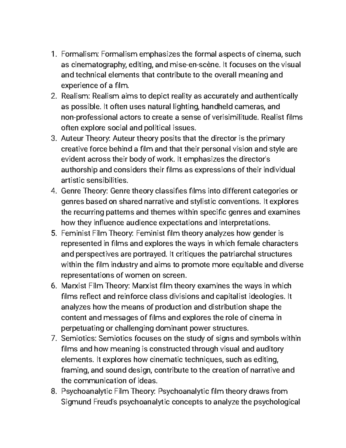 Film theory notes continued - Formalism: Formalism emphasizes the ...