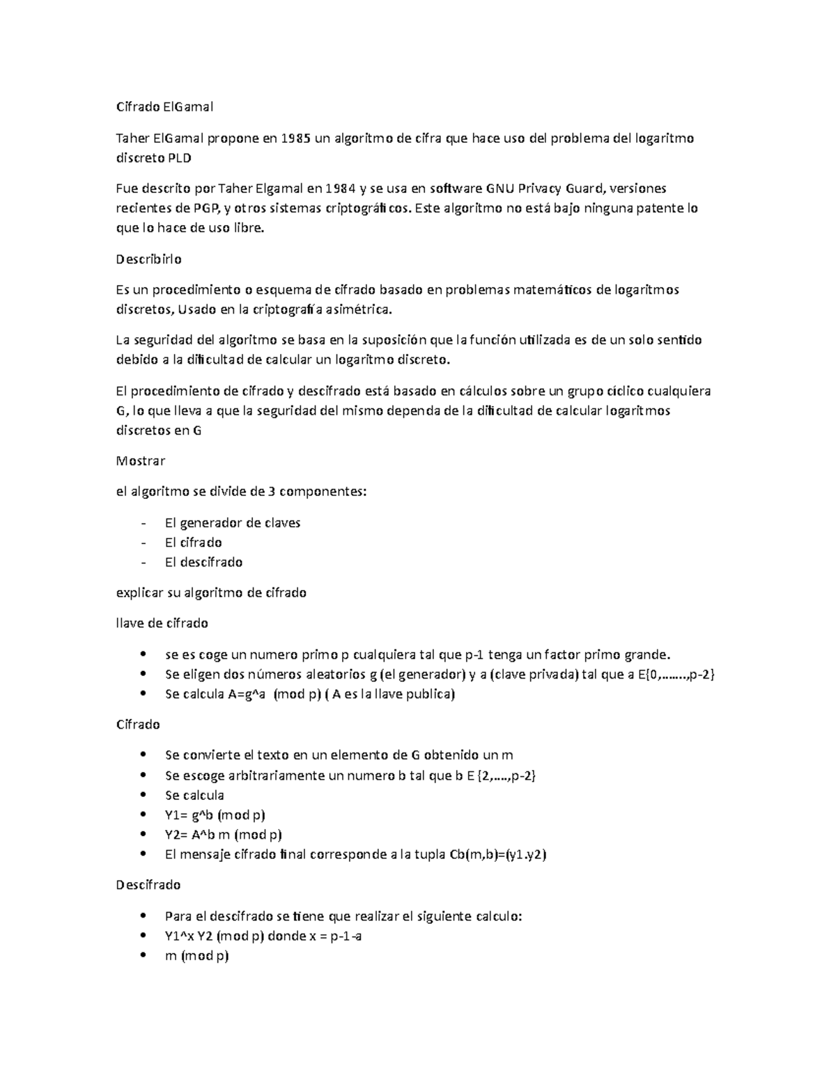 Cifrado El Gamal apuntes para un trabajo - Cifrado ElGamal Taher ...