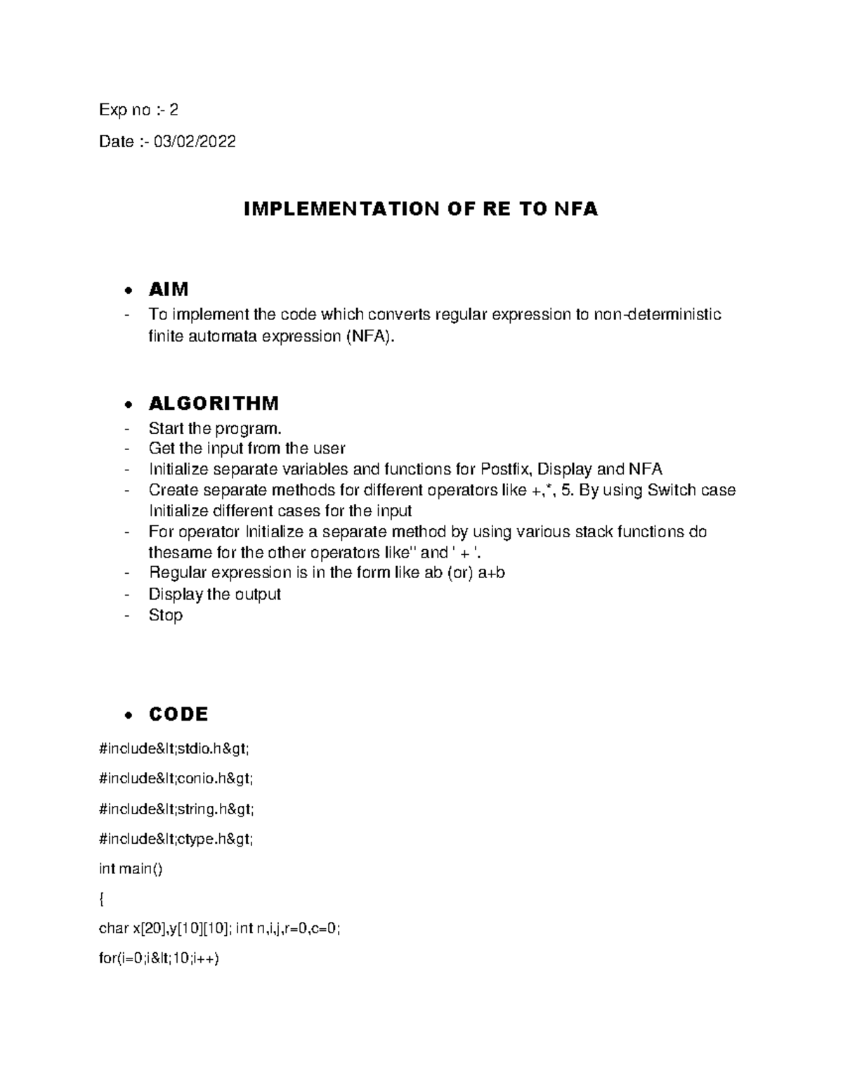 CD2 - IMPLEMENTATION OF RE TO NFA - Exp no :- 2 Date :- 03/02/ IMPLEMENTATION OF RE TO NFA • AIM ...