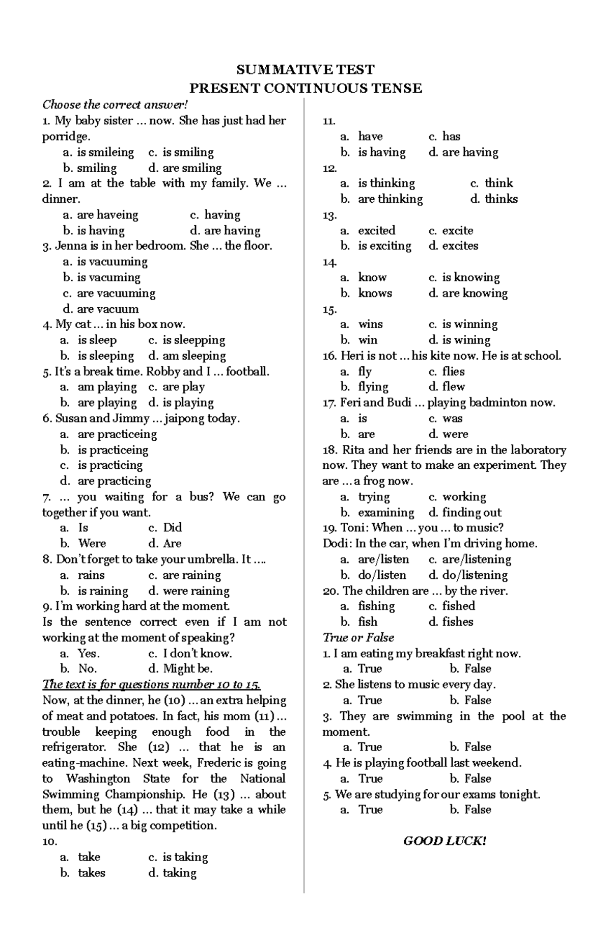 ST Present Continuous Tense - SUMMATIVE TEST PRESENT CONTINUOUS TENSE ...