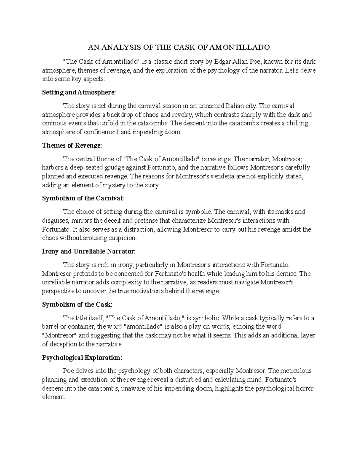 AN Analysis OF THE CASK OF Amontillado - AN ANALYSIS OF THE CASK OF ...