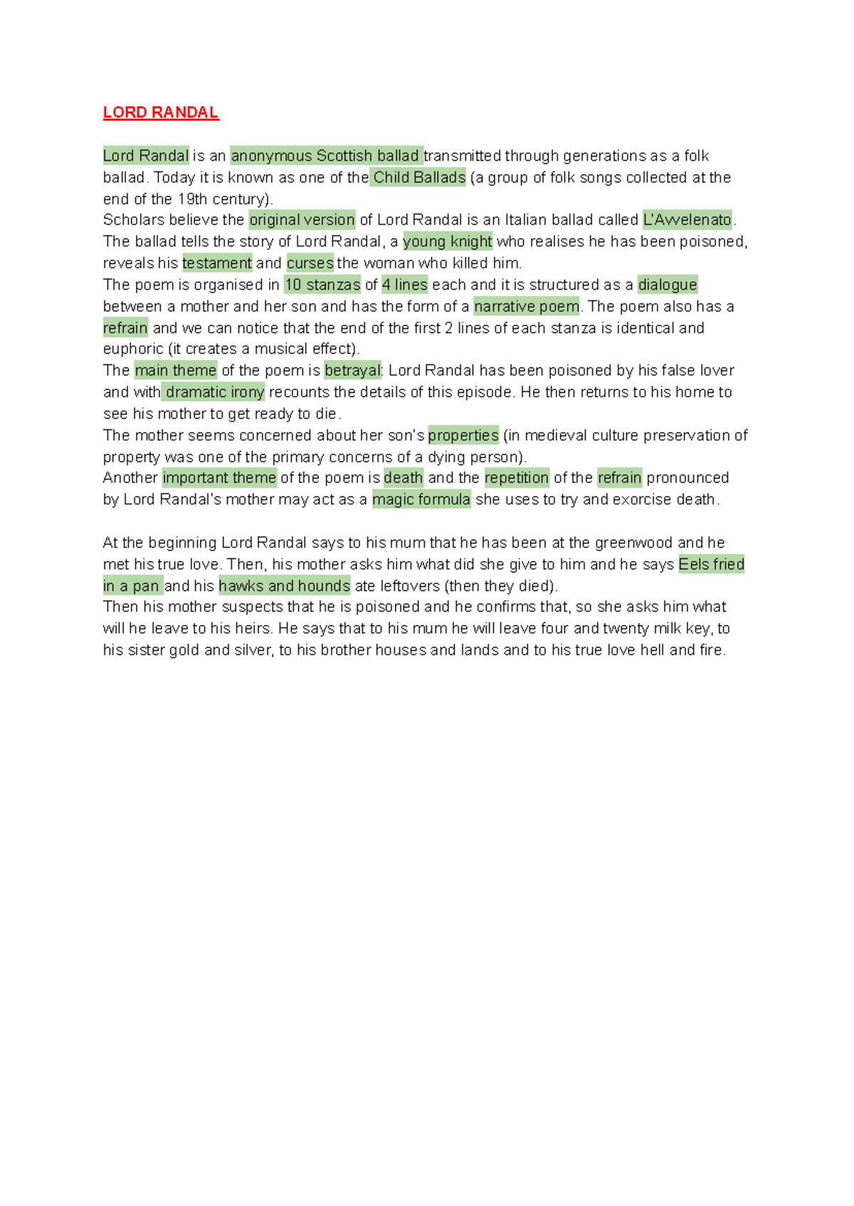 Lord Randal - LORD RANDAL Lord Randal is an anonymous Scottish ballad ...