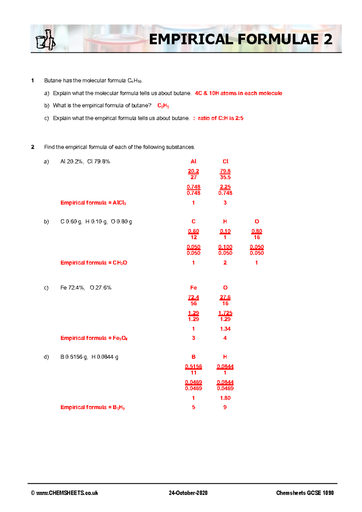 Chemsheets GCSE 1090 Empirical formulae 2 ANS - ####### a) Explain what ...