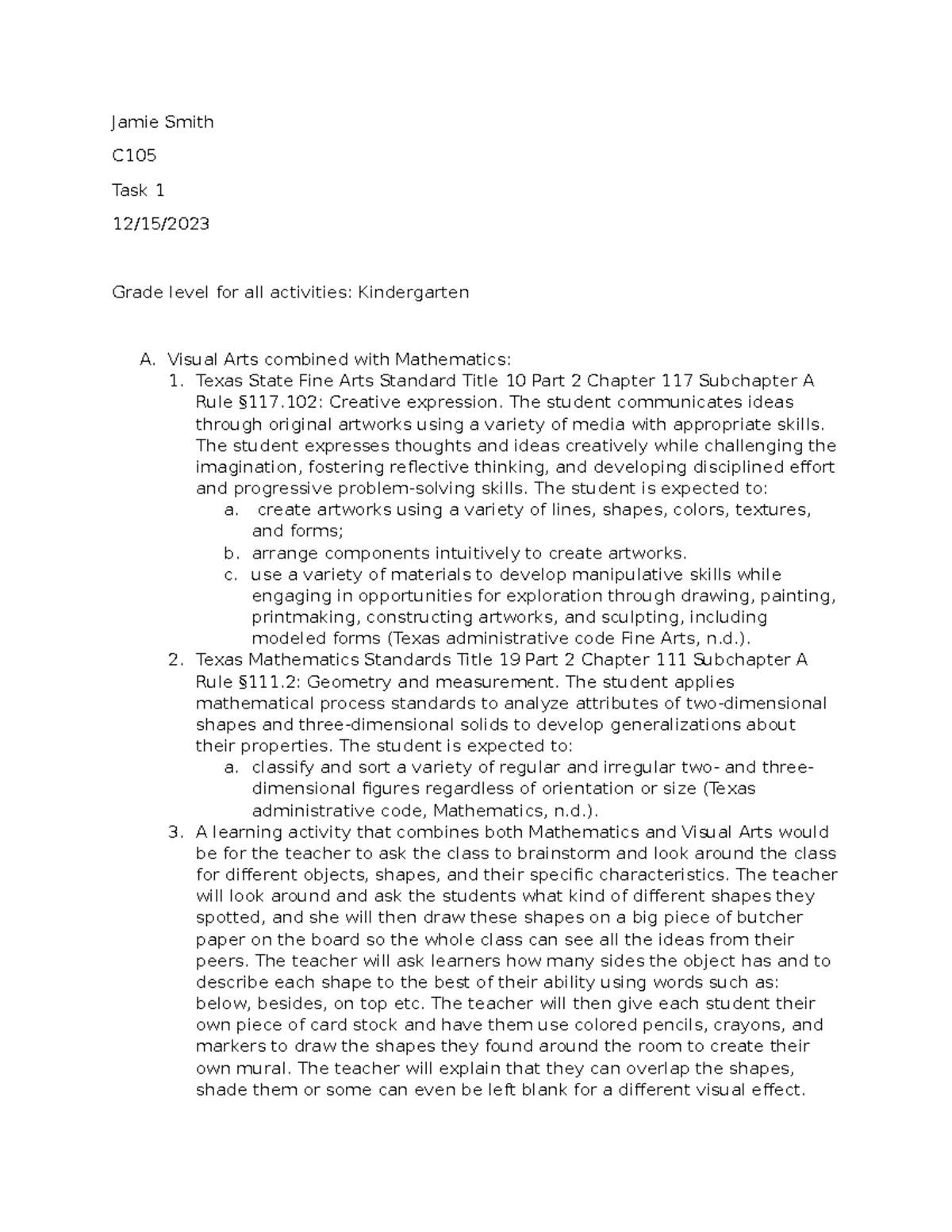 Jamie Smith - C105 Task 1 - Jamie Smith C Task 1 12/15/ Grade level for ...