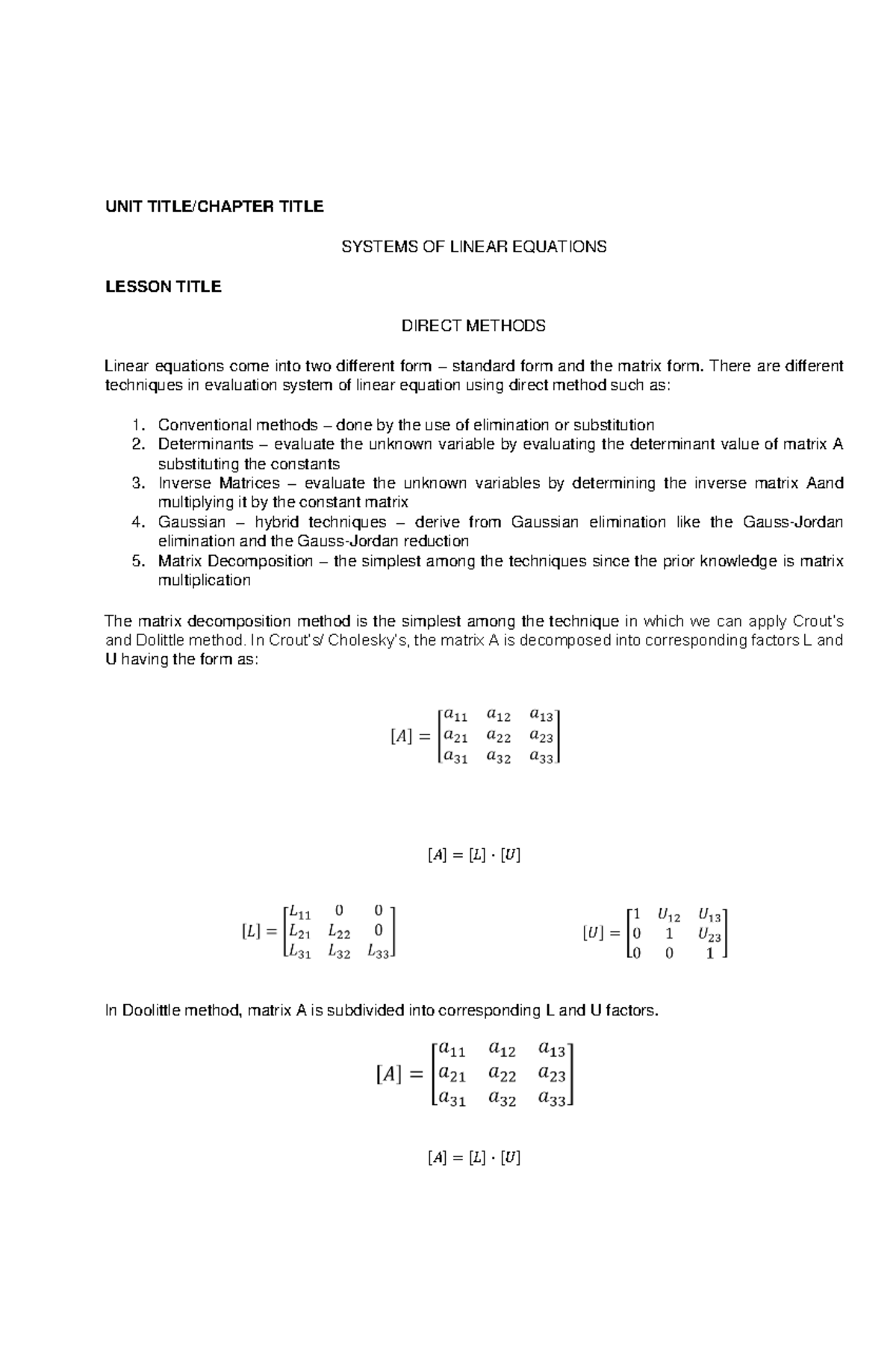 Direct Methods - UNIT TITLE/CHAPTER TITLE SYSTEMS OF LINEAR EQUATIONS ...