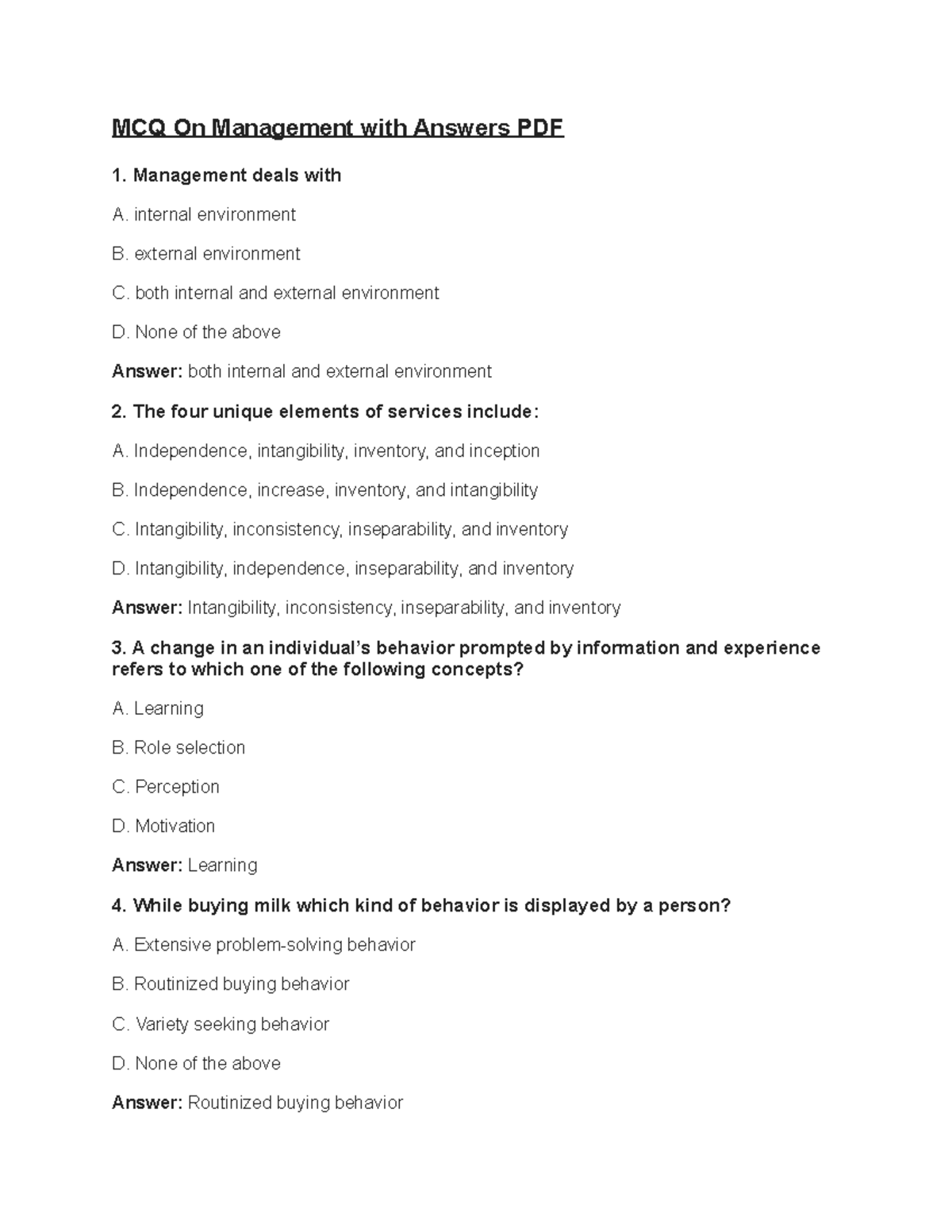 MCQ On Management with Answers PDF - Management deals with A. internal ...