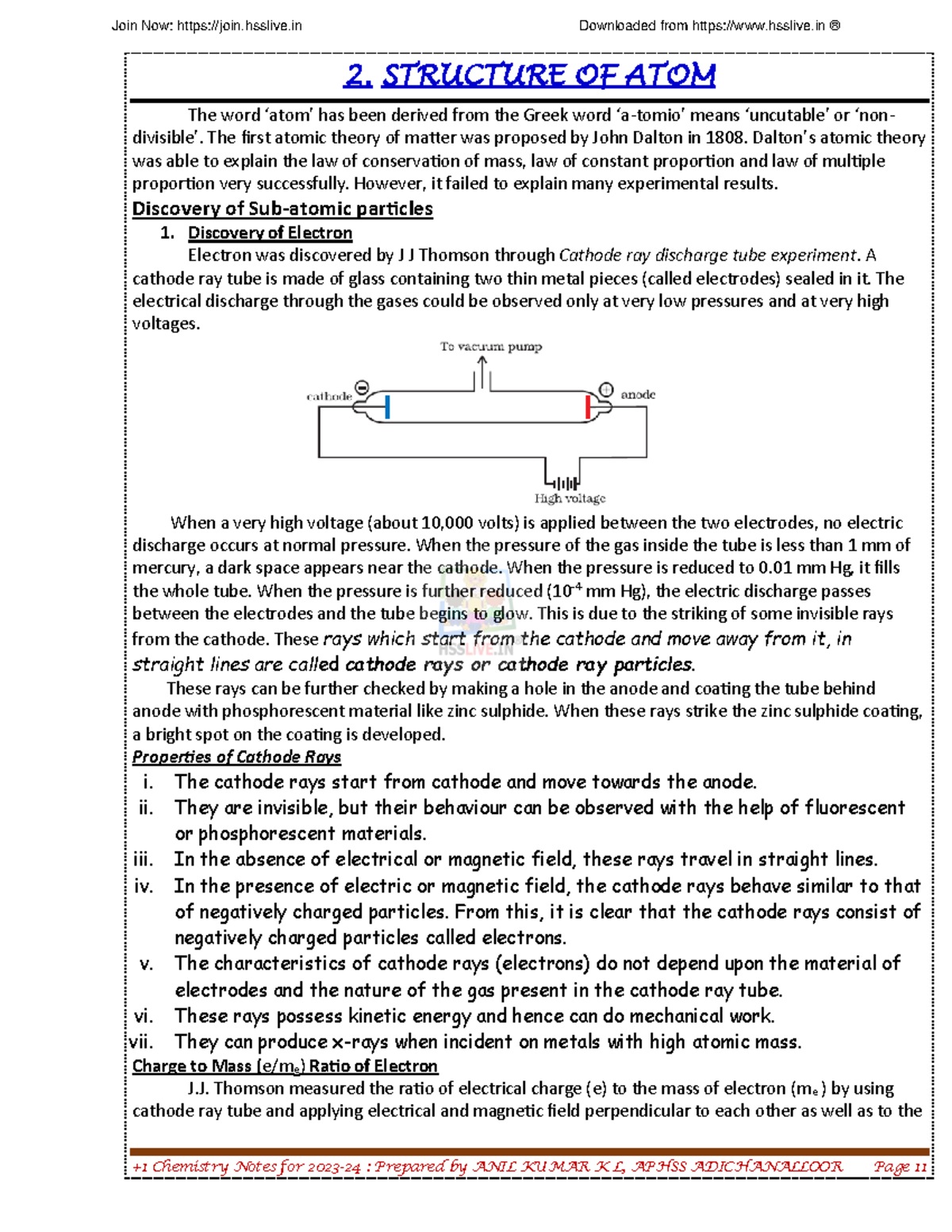 Hsslive XI ch 2 chemistry notes by ak - 2. STRUCTURE OF ATOM The word ...