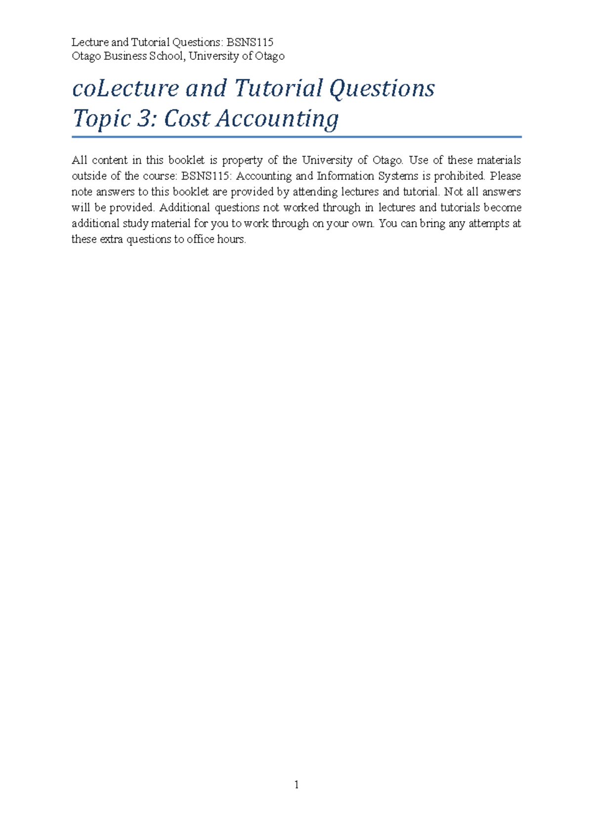 Questions Cost Accounting - Otago Business School, University of Otago coLecture and Tutorial ...