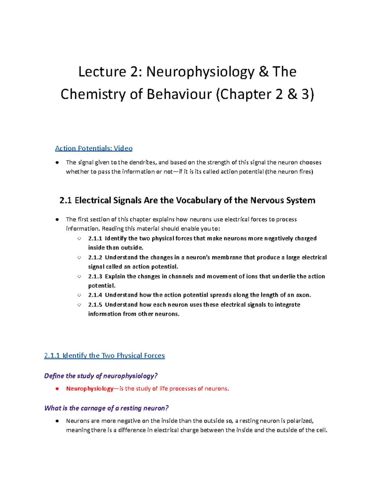 Lecture 2 Neurophysiology & The Chemistry of Behaviour (Chapter 2) - Lecture 2: Neurophysiology ...