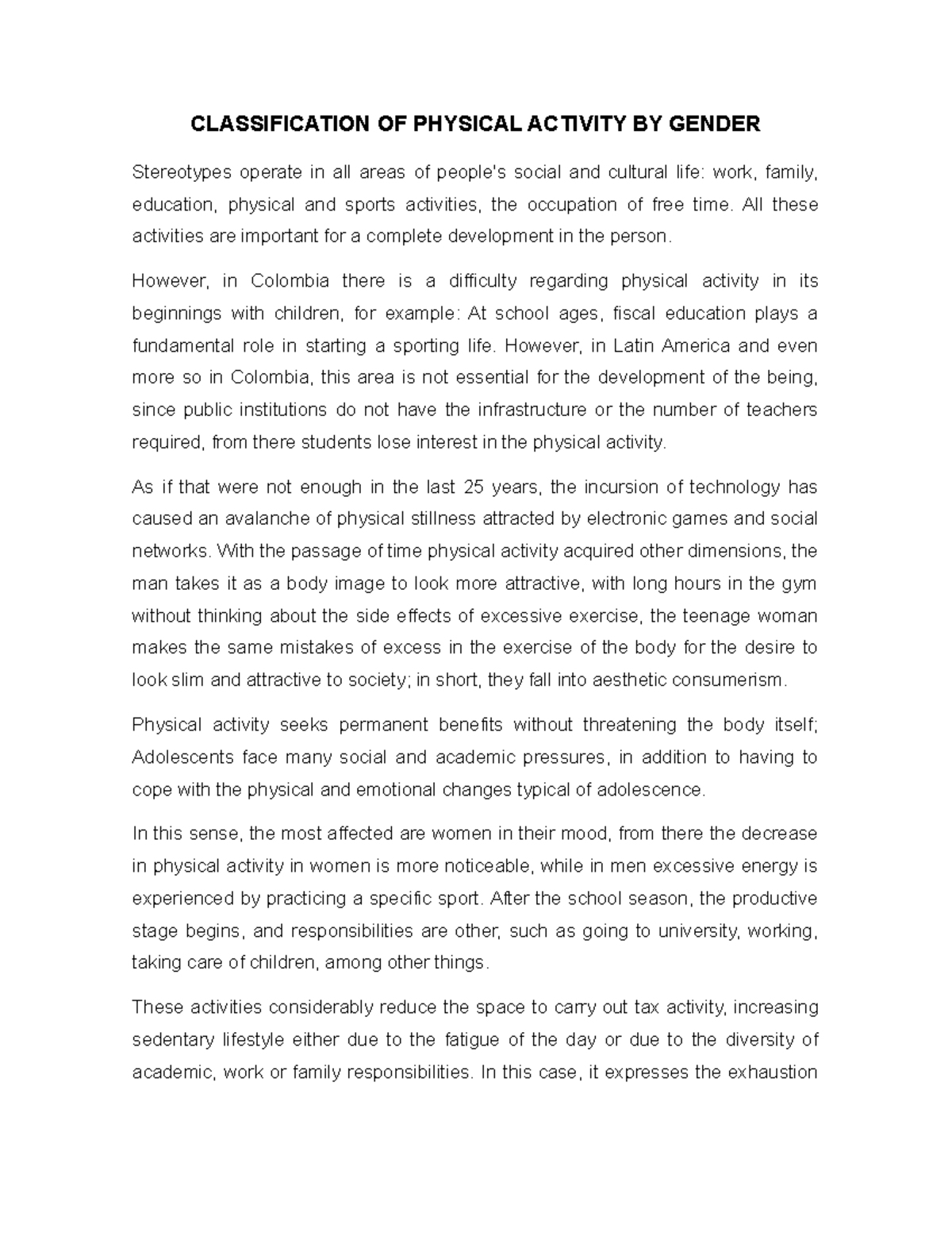 Classification OF Physical Activity BY Gender - CLASSIFICATION OF ...