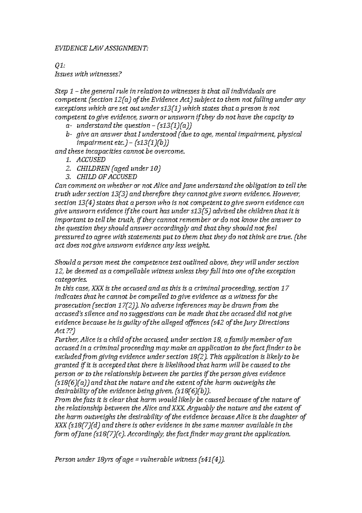 Evidence Law Notes for Assignment Two - EVIDENCE LAW ASSIGNMENT: Q1 ...