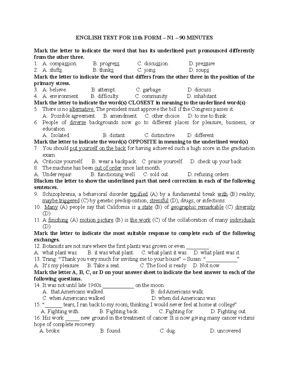 N1- English TEST FOR 11th FORM - ENGLISH TEST FOR 11th FORM – N1 – 90 ...