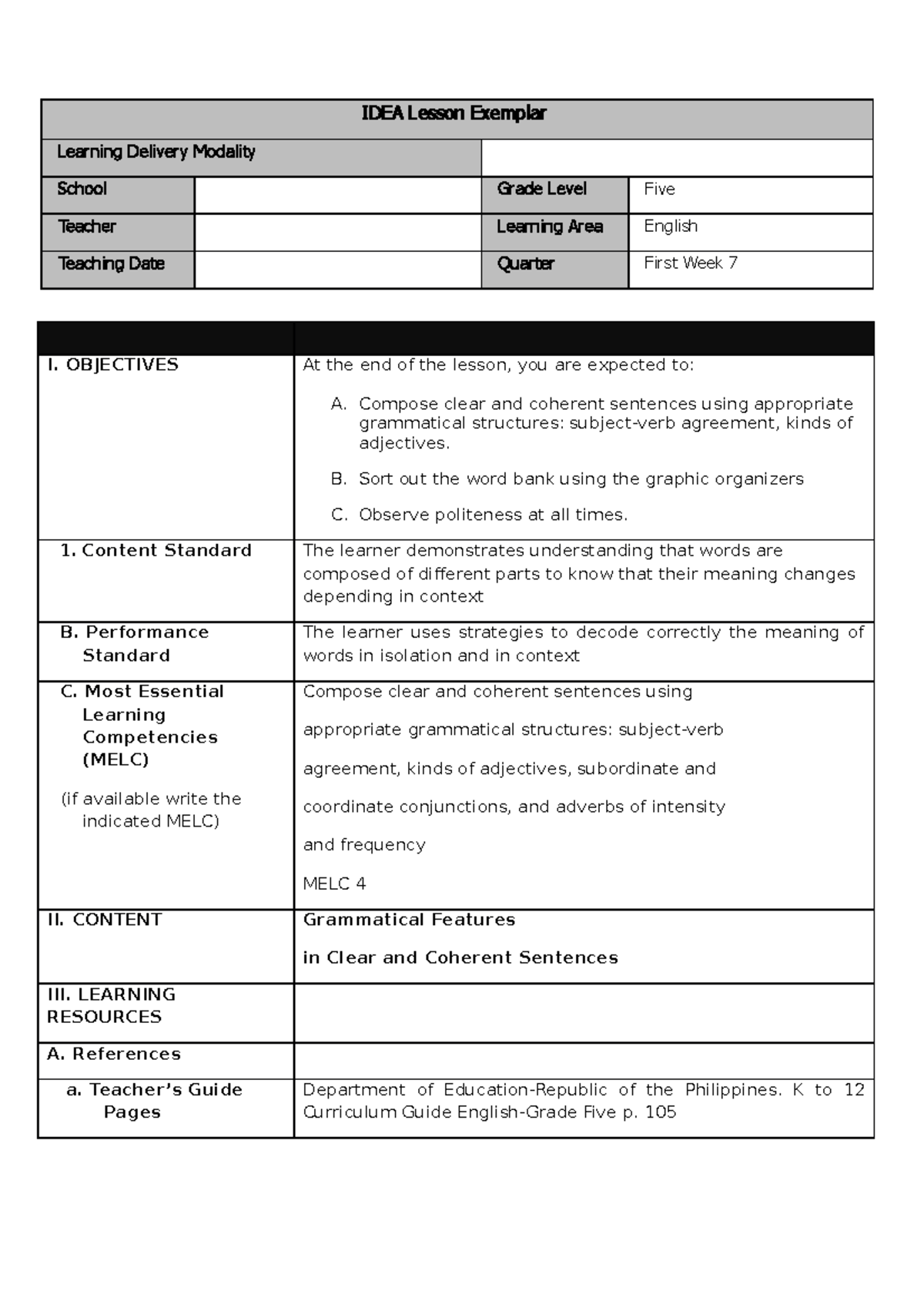 English 5 IDEA LE Q1 WEEK 7 - IDEA Lesson Exemplar Learning Delivery ...
