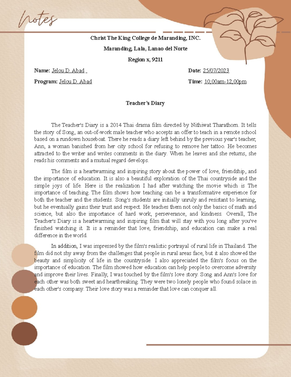 Teachers diary - Christ The King College de Maranding, INC. Maranding ...