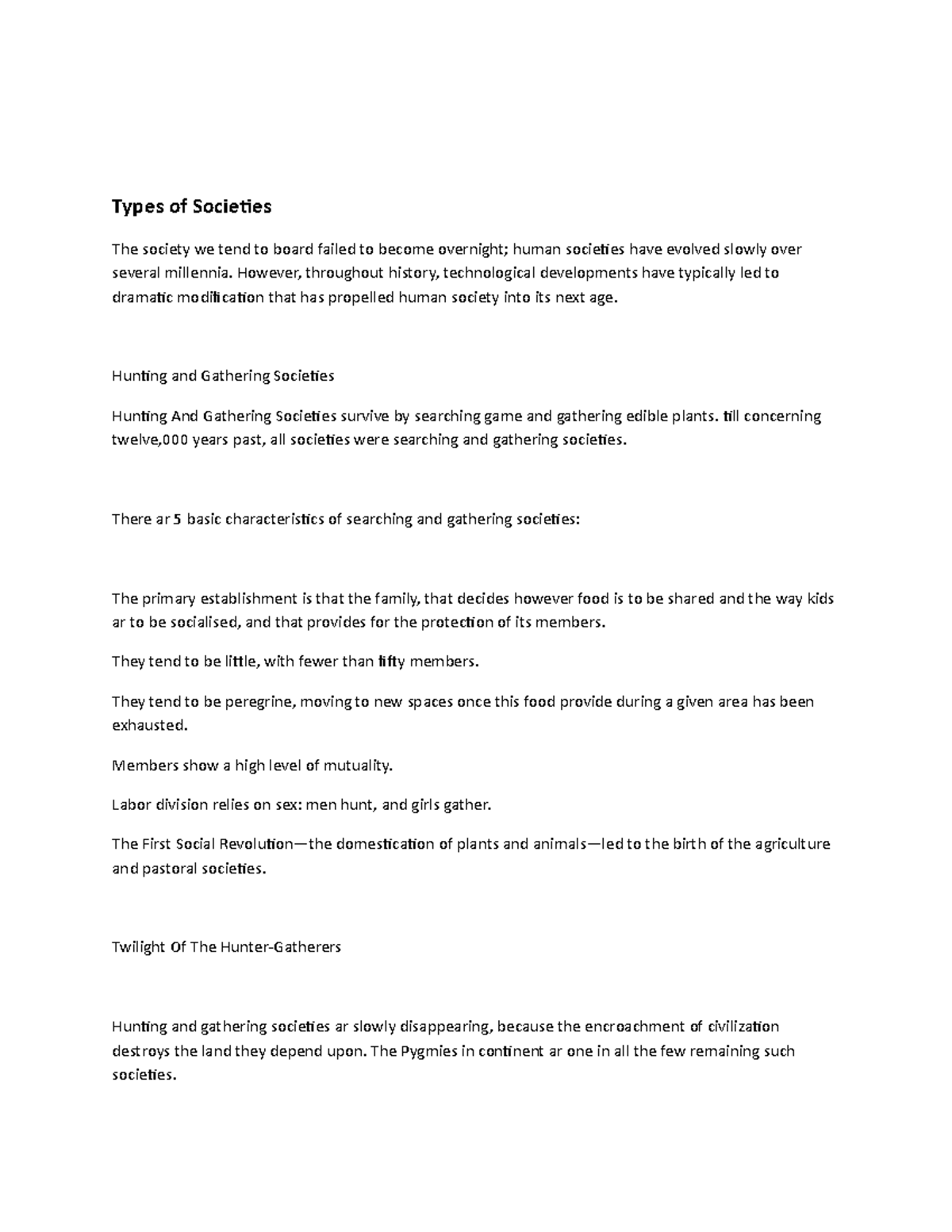 Types of Societies note - Types of Societies The society we tend to ...