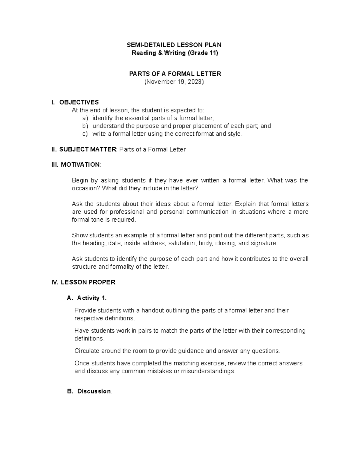 Semi-Detailed Lesson Plan - Parts of a Formal Letter - SEMI-DETAILED ...