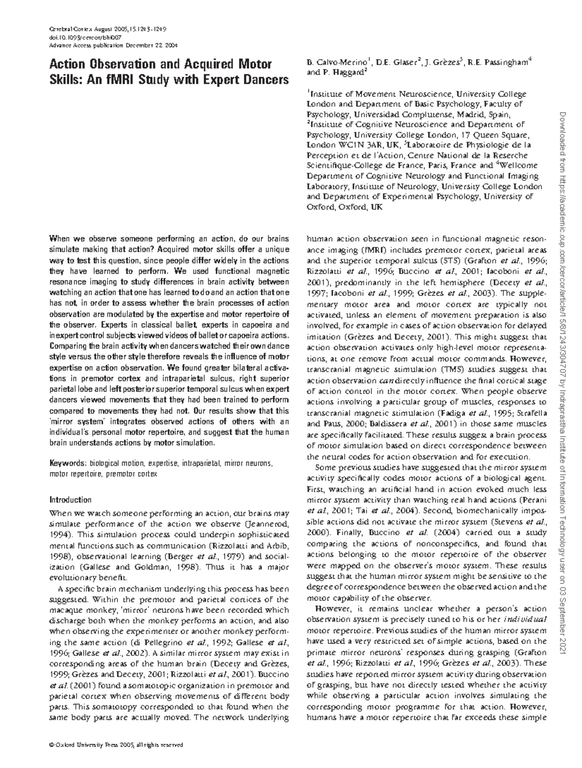 Calvo-Merino, Glaser, Grezes, Passingham, & Haggard, 2005 - Action ...