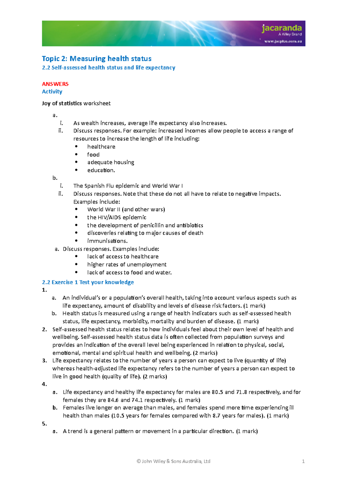 Chapter 2 Answers - 2 Self-assessed health status and life expectancy ...