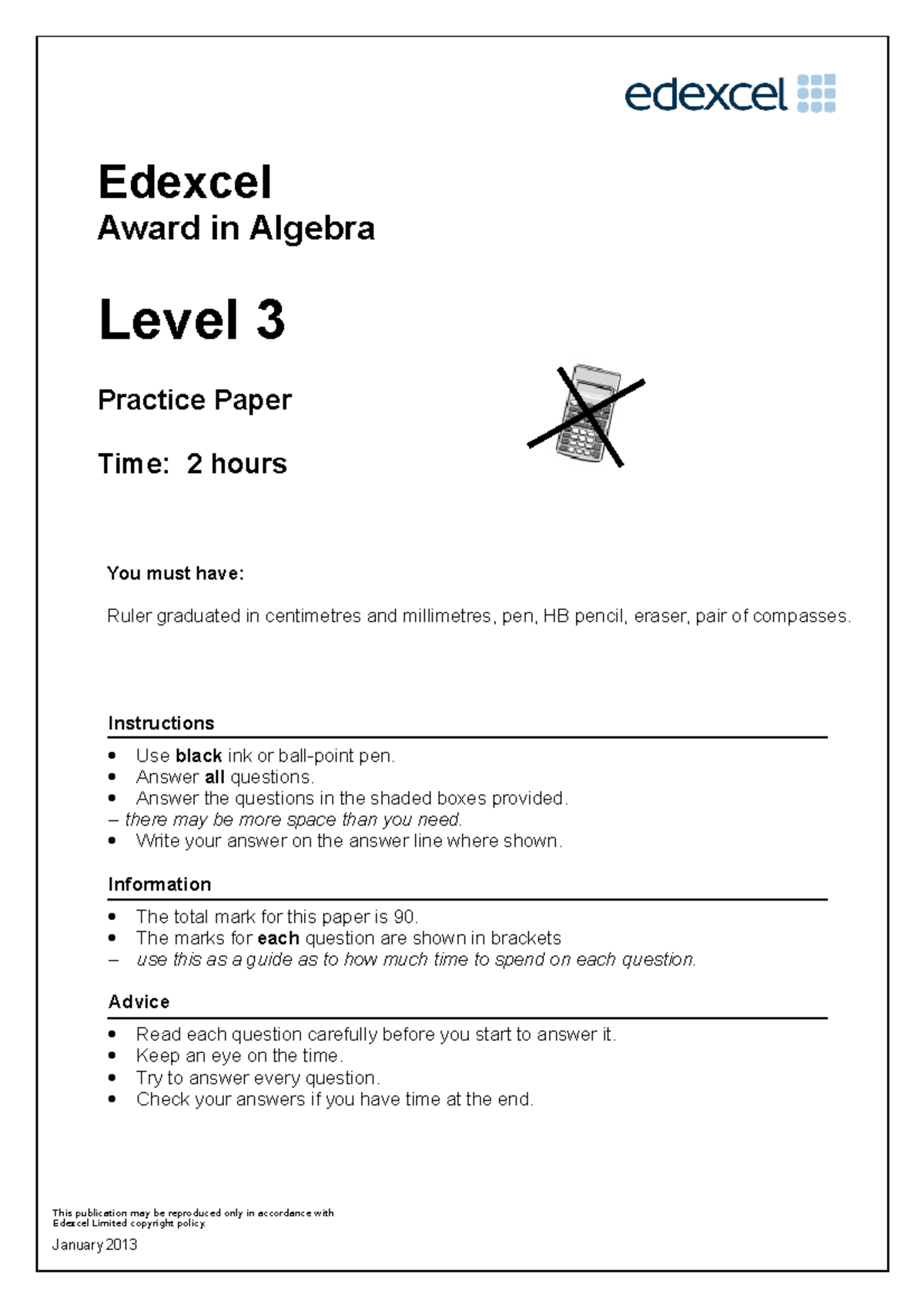 Test From 10 02 200 Mathematic Edexcel Award In Algebra Level 3
