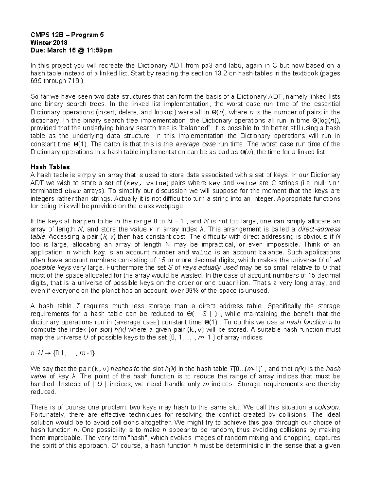 Program 5 0 - CMPS 12B – Program 5 Winter 2018 Due: March 16 @ 11:59pm In this project you will ...