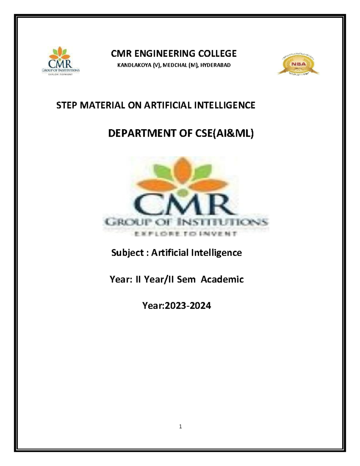 23-24 AI Step material - lecture notes - 1 CMR ENGINEERING COLLEGE ...