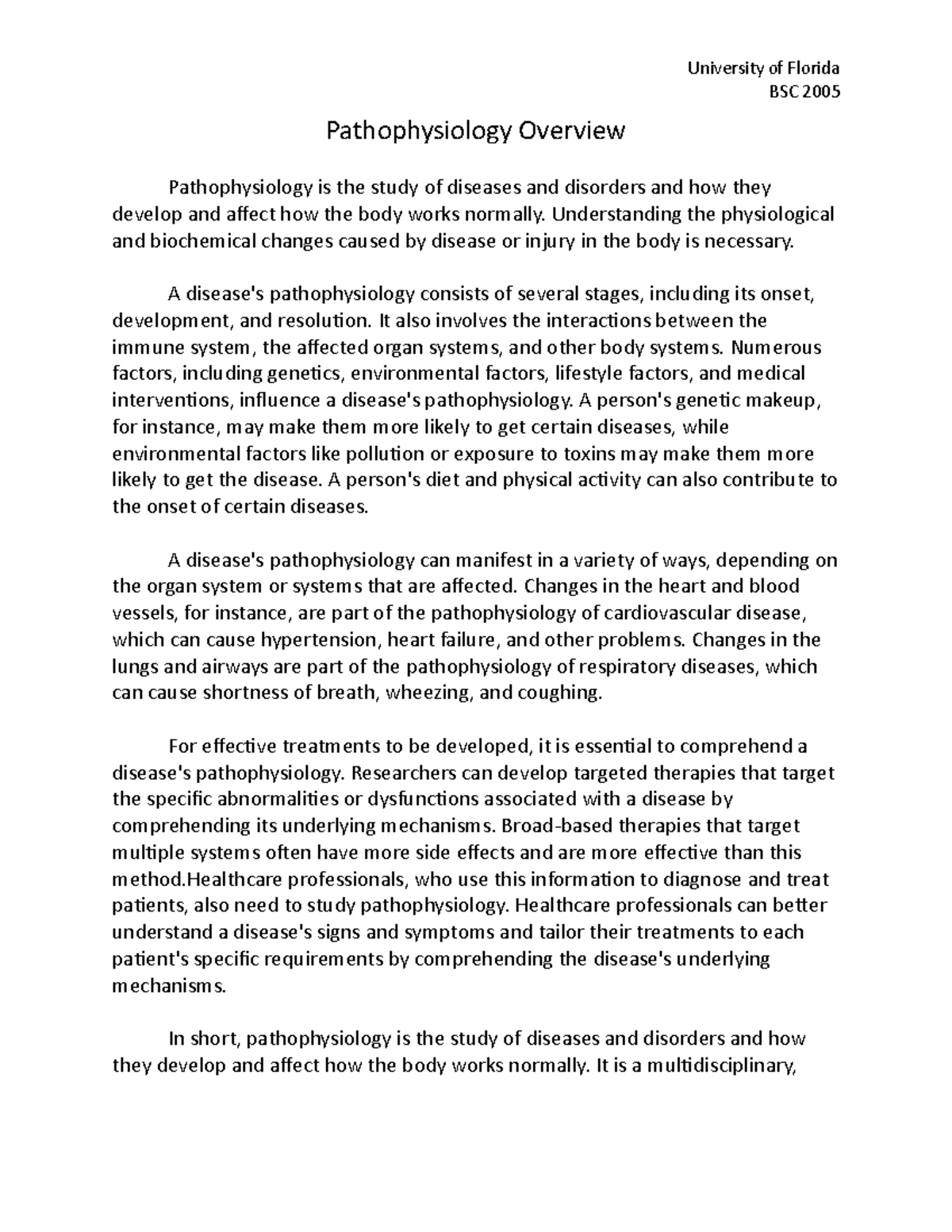 Pathophysiology Overview - University of Florida BSC 2005 ...