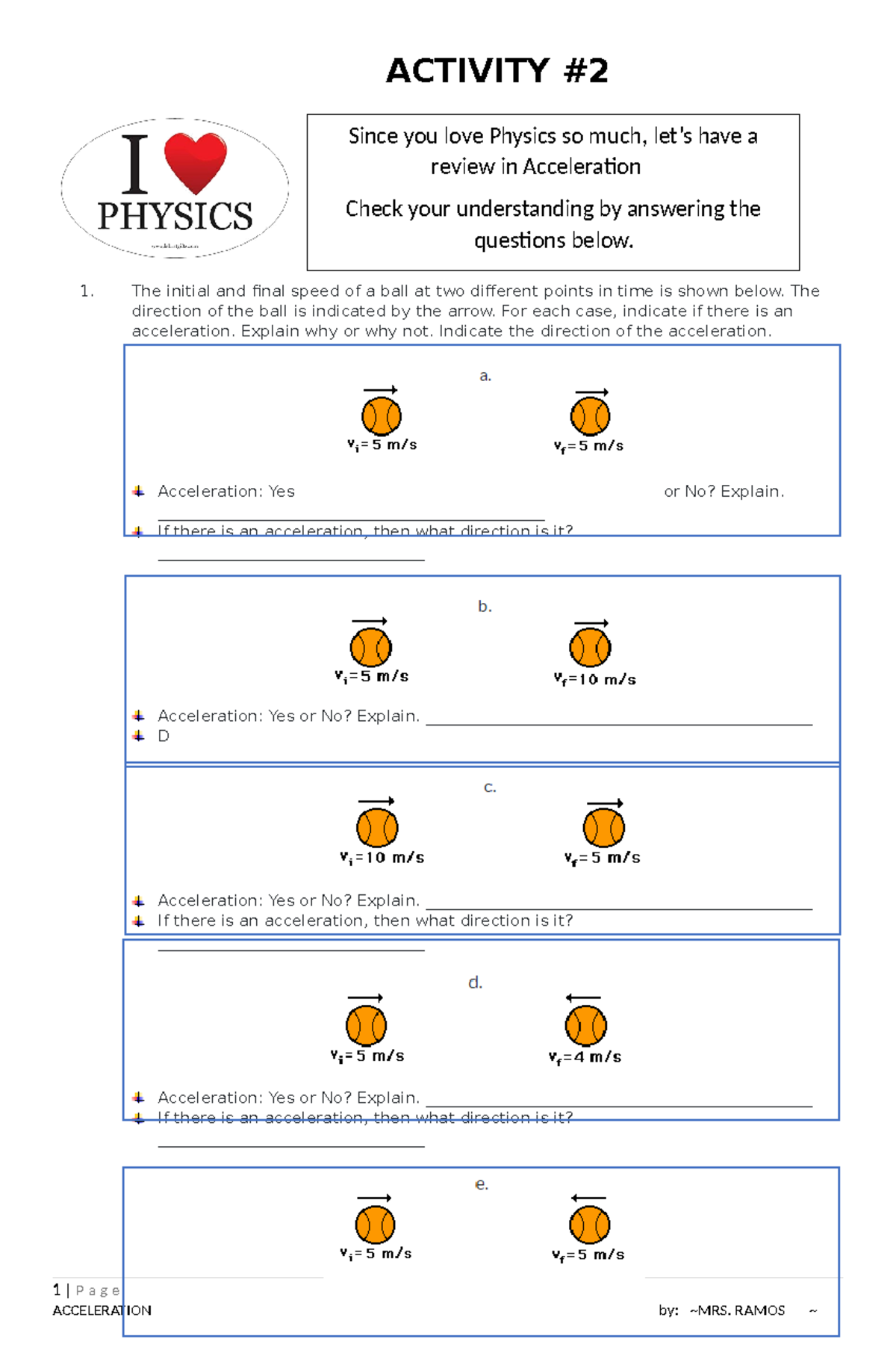 Acceleration Activity - ACTIVITY 1. The initial and final speed of a ...