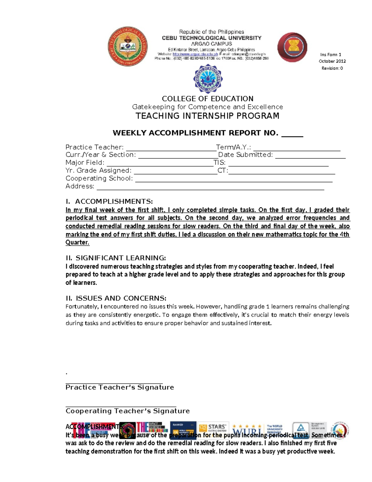 Weekly-Accomplishment week 1 2nd shift - COLLEGE OF EDUCATION ...