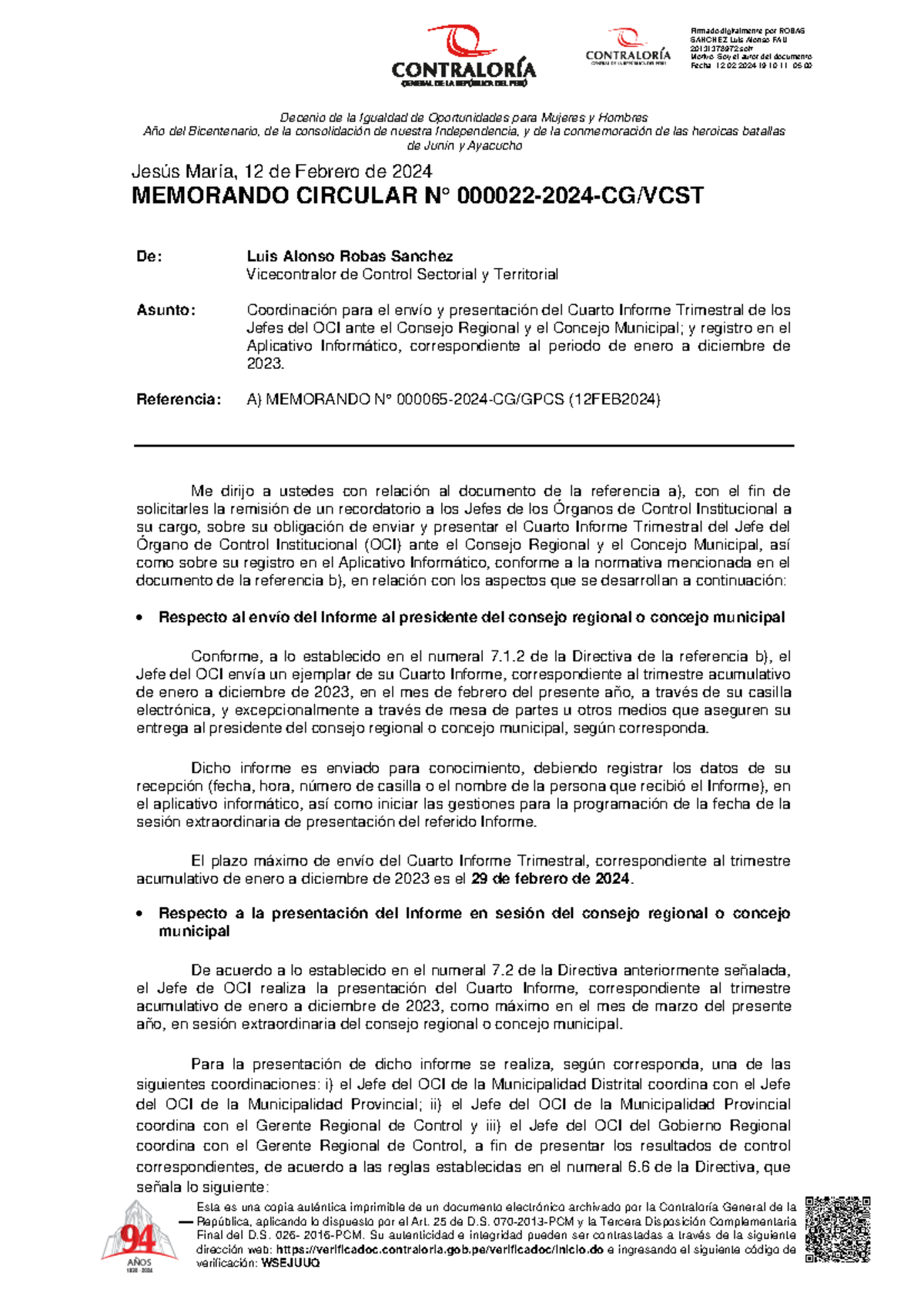 Memorando Circular-000022-2024-VCST - Jr. Camilo Carrillo 114 - Jesús María Lima 11, Lima - Perú ...