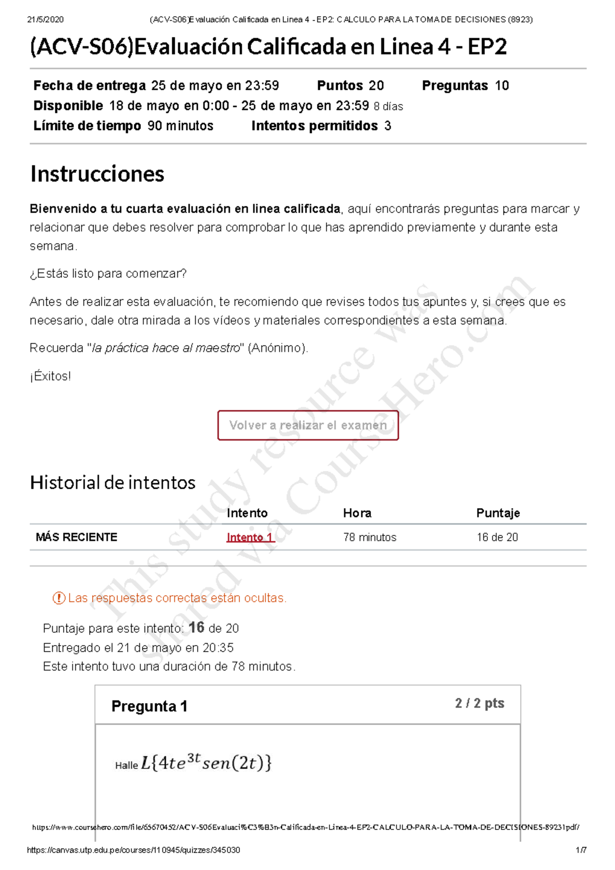 ACV S06 Evaluaci n Calificada en Linea 4 EP2 Calculo PARA LA TOMA DE Decisiones 8923 1 - - Studocu
