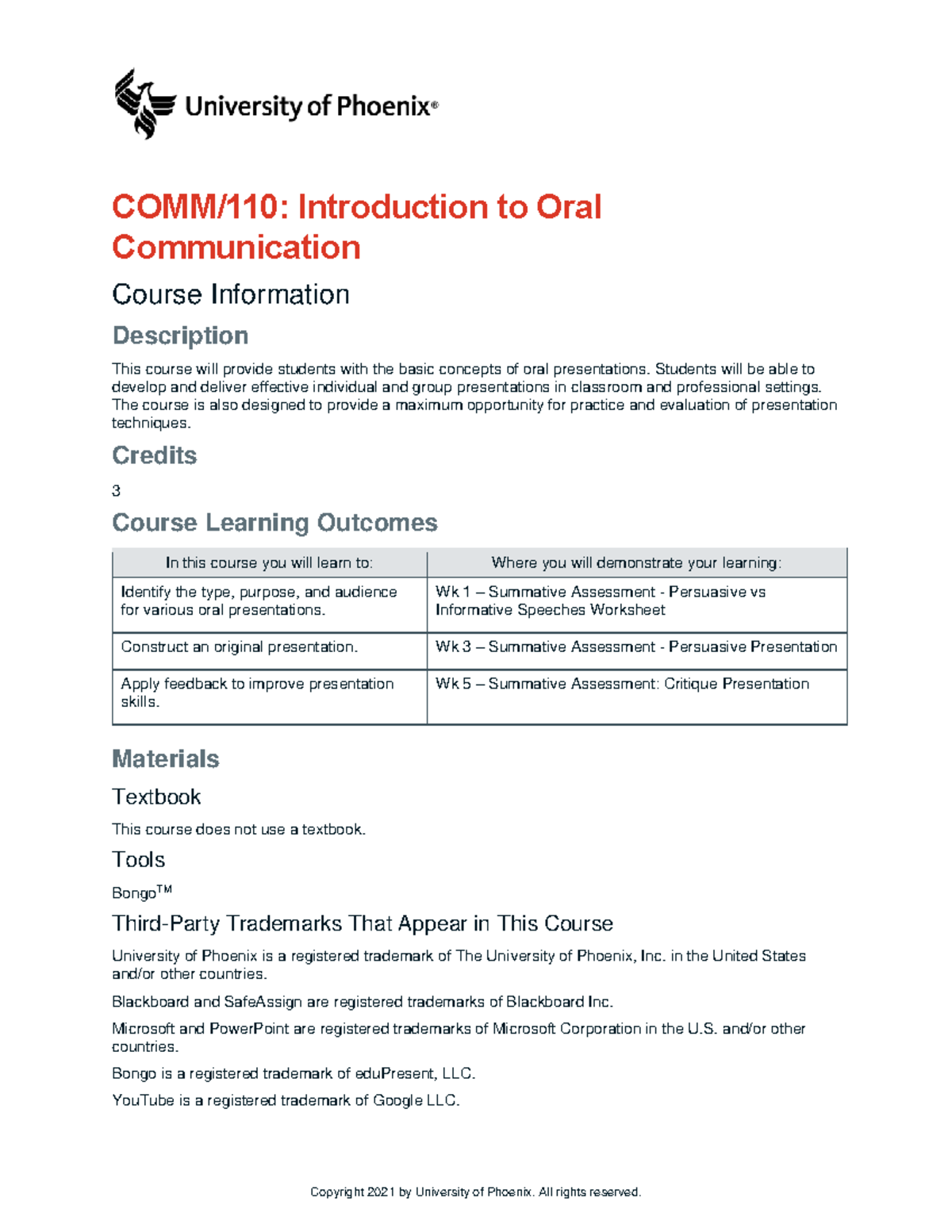 Comm 110 syllabus - Copyright 2021 by University of Phoenix. All rights ...
