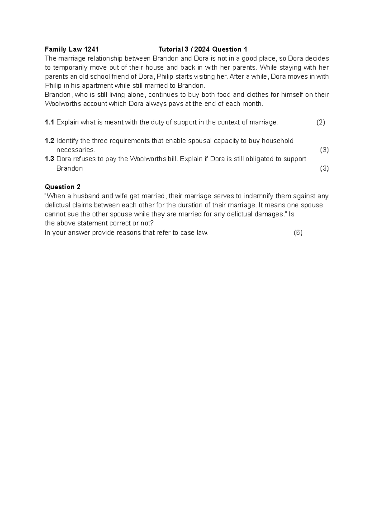 Tut 3 for 2024 questions - Family Law 1241 Tutorial 3 / 2024 Question 1 ...