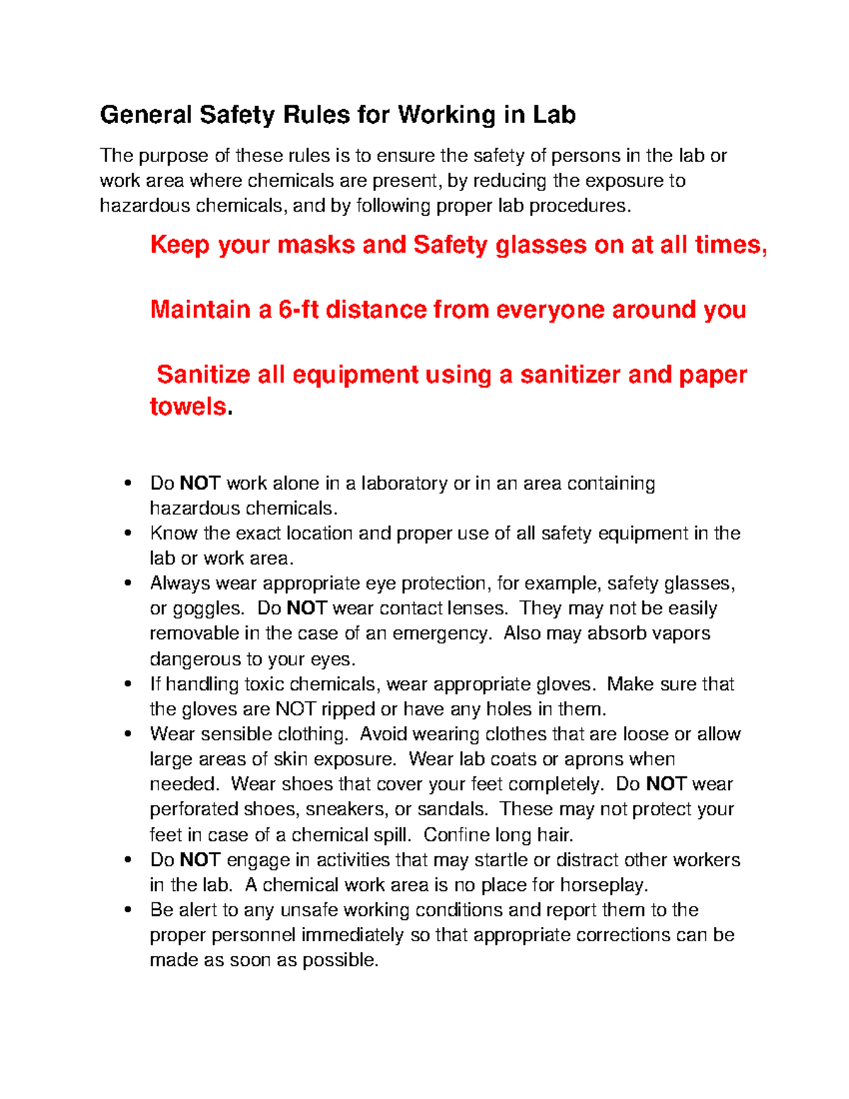 2020 - August - General Safety Rules for Working in Lab - General ...