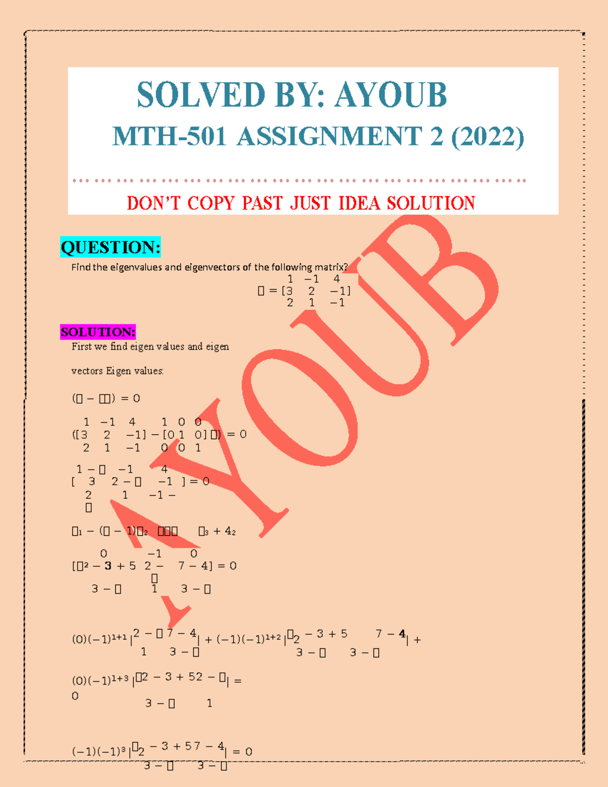 MTH 501 Assigment 2 (2022) vuanswer - SOLVED BY: AYOUB MTH-501 ASSIGNMENT 2 (2022) - Studocu
