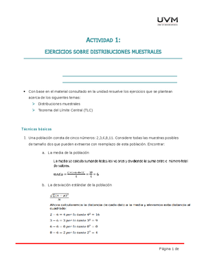 Actividad 1 estadistica inferencial - ACTIVIDAD 1: EJERCICIOS SOBRE DISTRIBUCIONES MUESTRALES ...