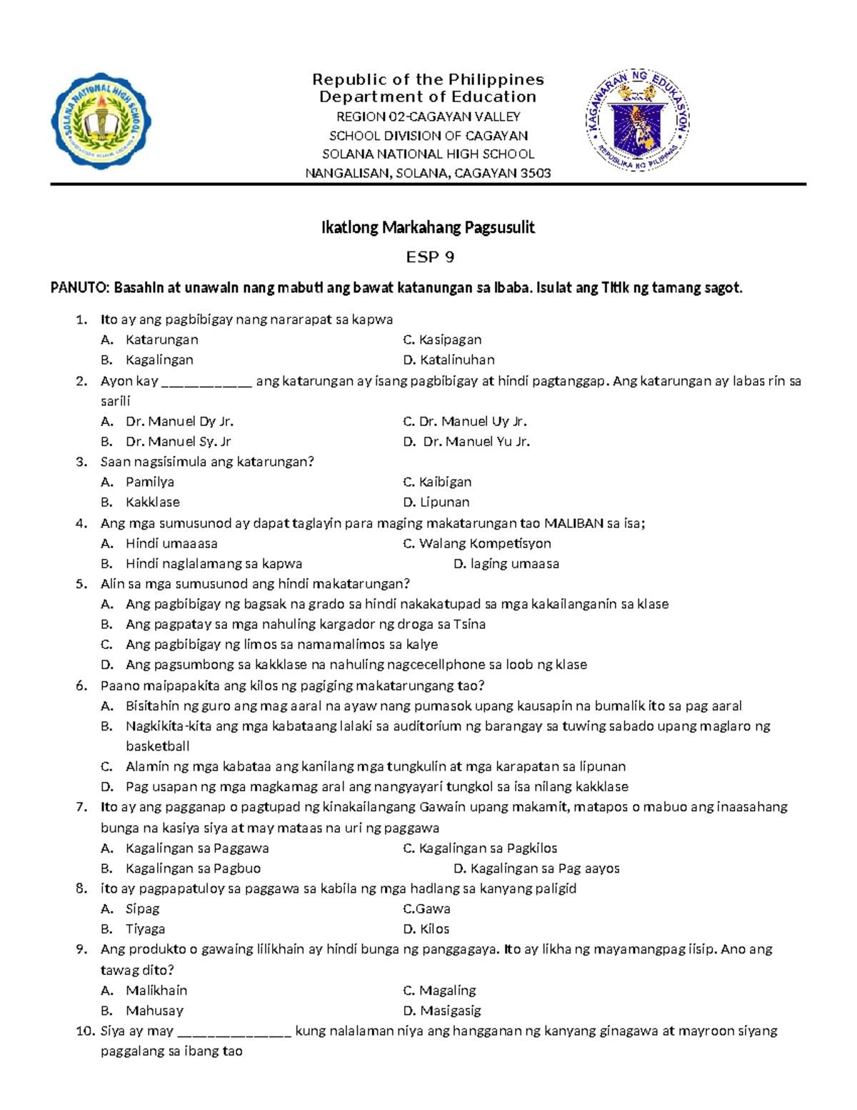 Ikatlong Markahang Pagsusulit SA ESP - Republic of the Philippines ...