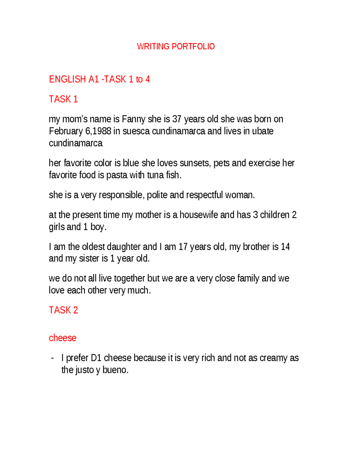 Writing Portfolio - apunter - WRITING PORTFOLIO ENGLISH A1 -TASK 1 to 4 ...