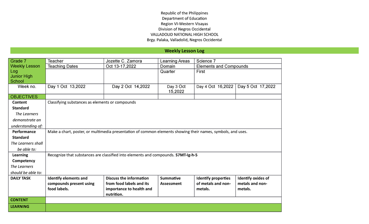 Grade-7-DLL- Oct 13 17 - science topics - Republic of the Philippines ...