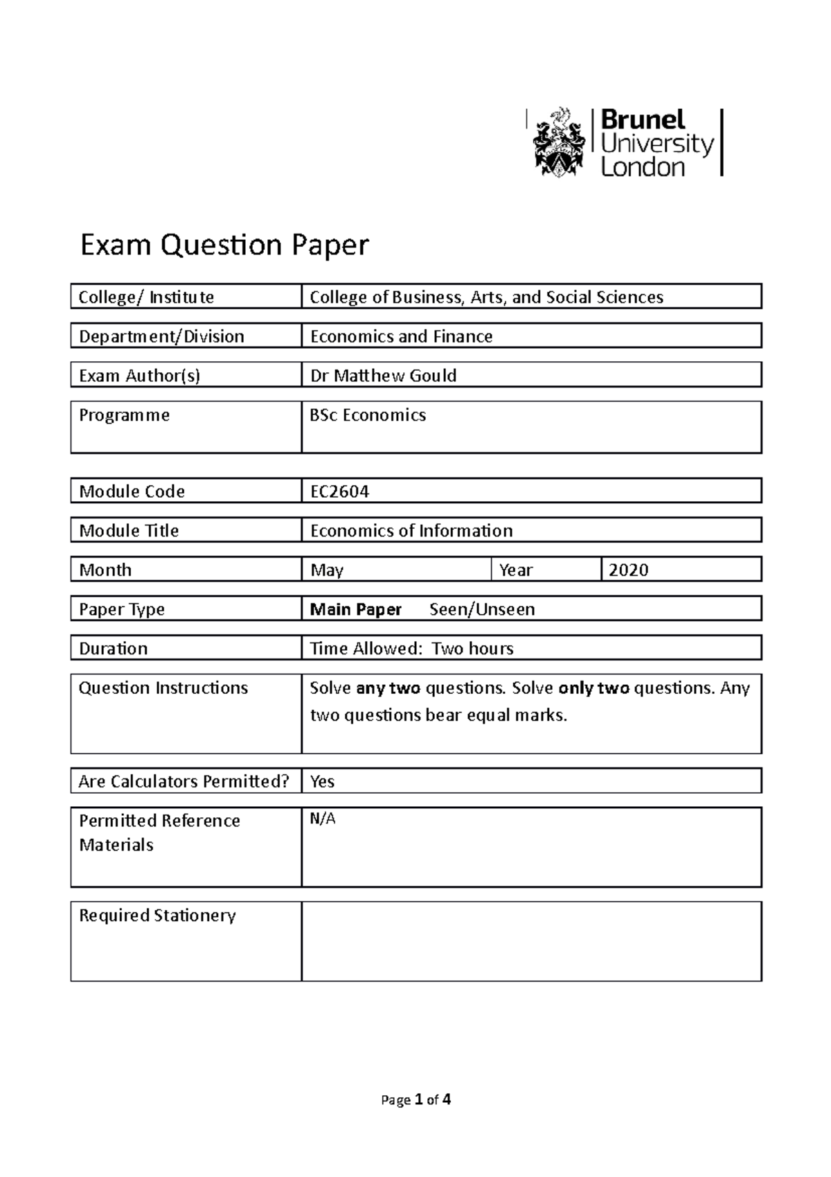 EC2604 Final Exam Solutions 19-20 short - Exam Question Paper College ...
