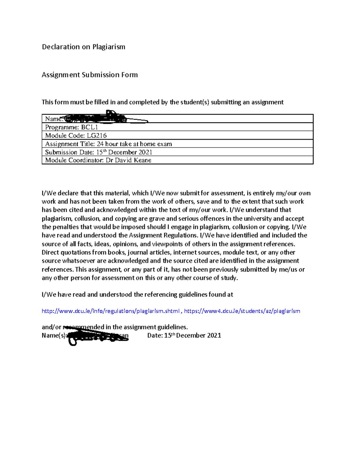 Tort exam for first year law bcl in Dcu - Declaration on Plagiarism ...